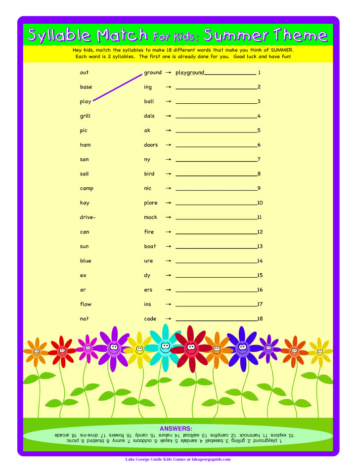 Syllable Match: Summer Theme | Lake George Guide